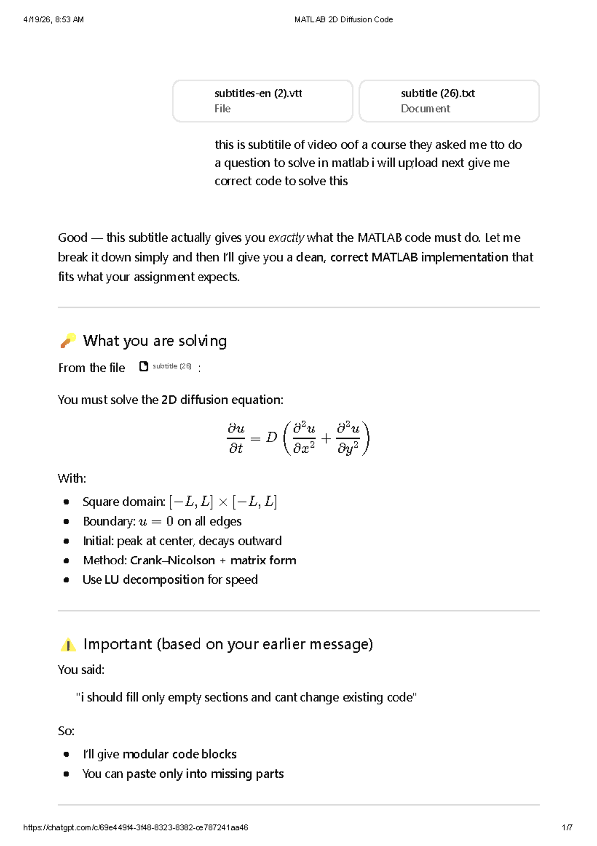 MATLAB 2D Diffusion Code (Course Code: 8:53 AM) - Final Implementation ...