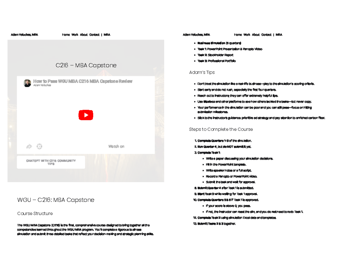 C216 MBA Capstone: Simulation & Task Completion Guide - Studocu
