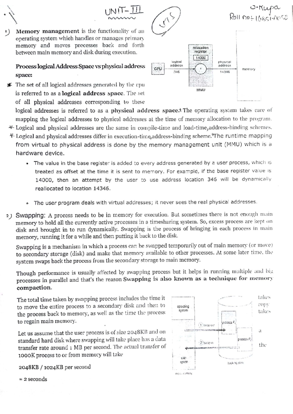 OS-UNIT-3 - os notes - O 1) (VTS Roll no: Memory management is the ...