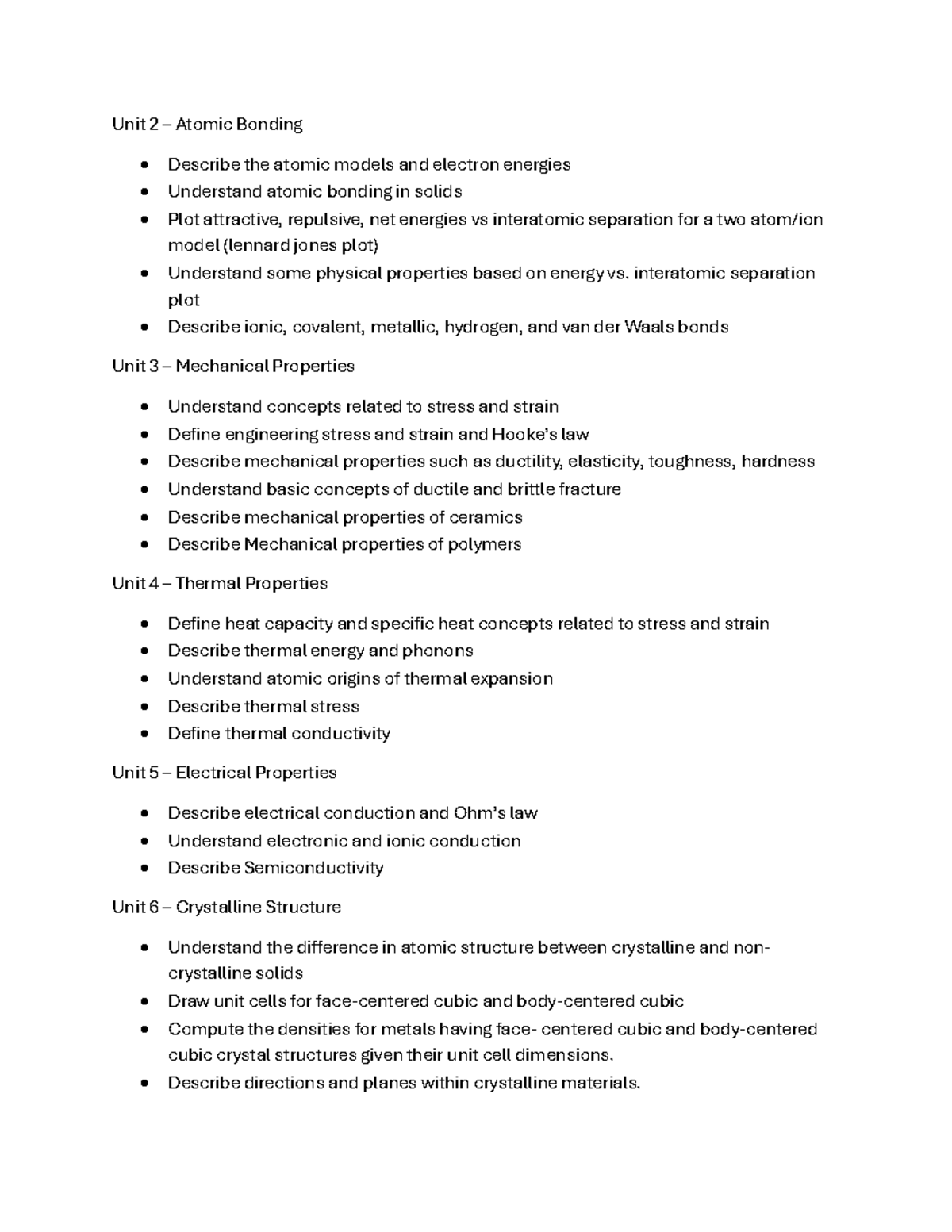 Unit Learning Objectives for Materials Science (MSE 101) - Studocu