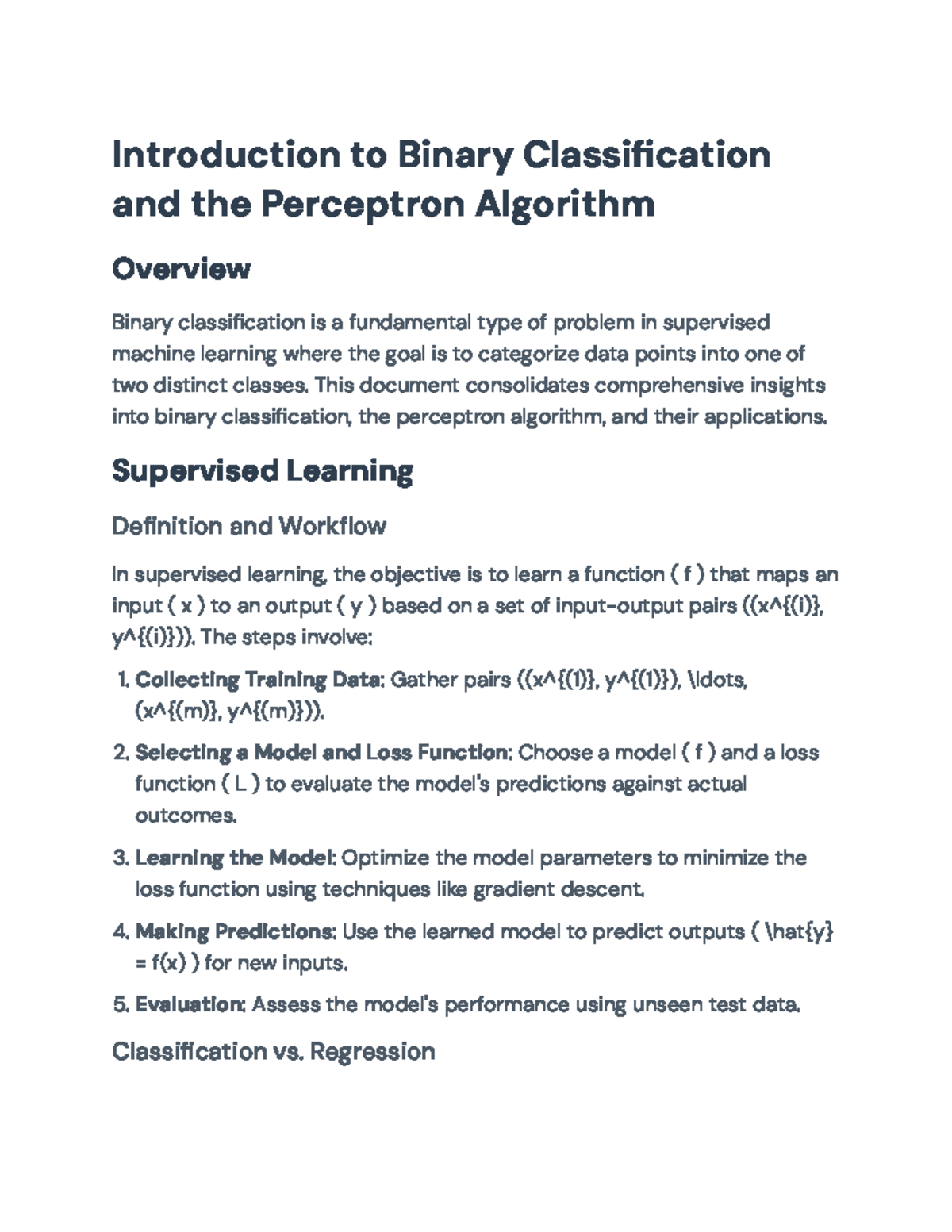 Introduction to Binary Classification and the Perceptron Algorithm - Introduction to Binary ...