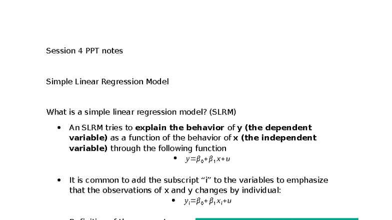 Session 4 PPT Notes: Understanding Simple Linear Regression Model - Studocu