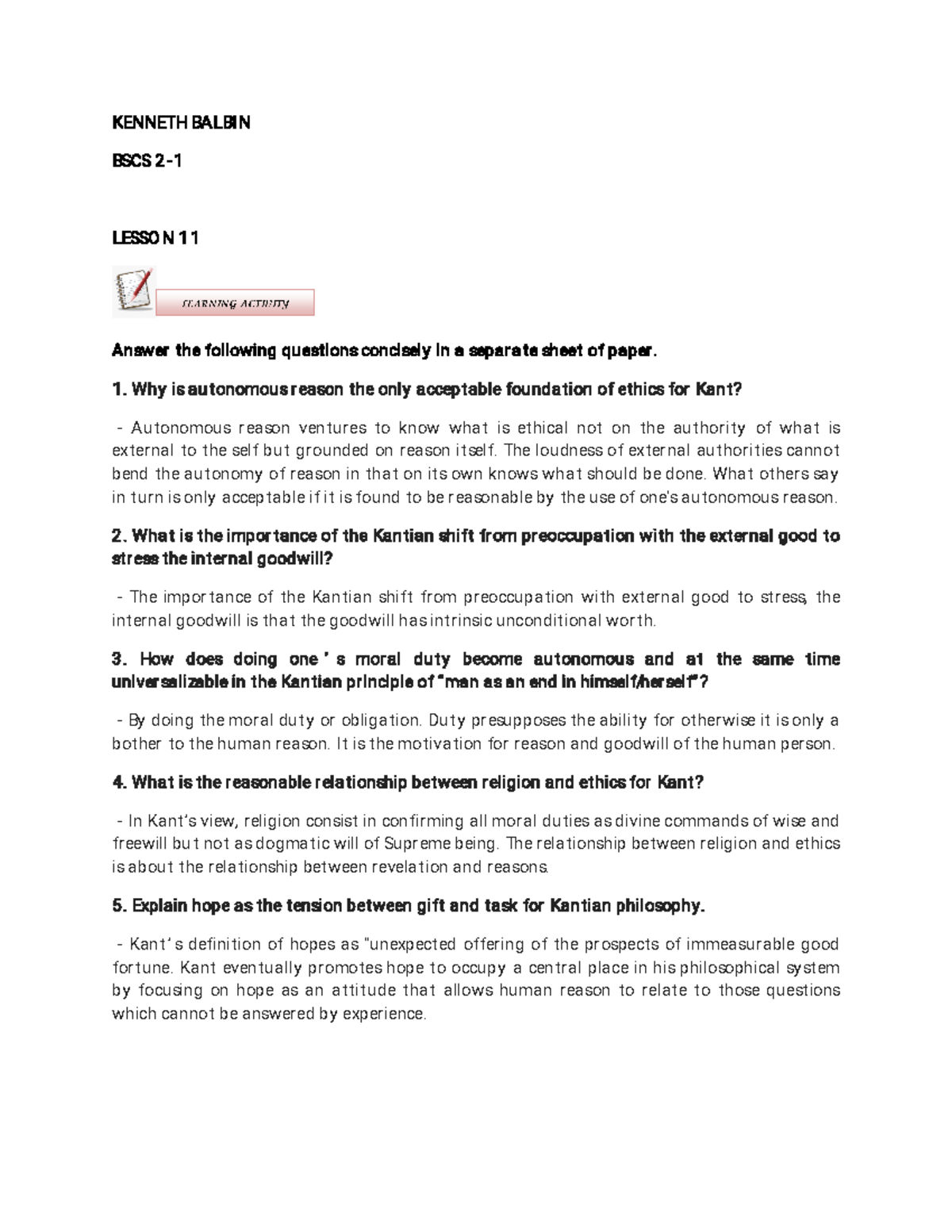 Kenneth Balbin ( Ethics Lesson 11) - Bachelor of Science in Accountancy ...