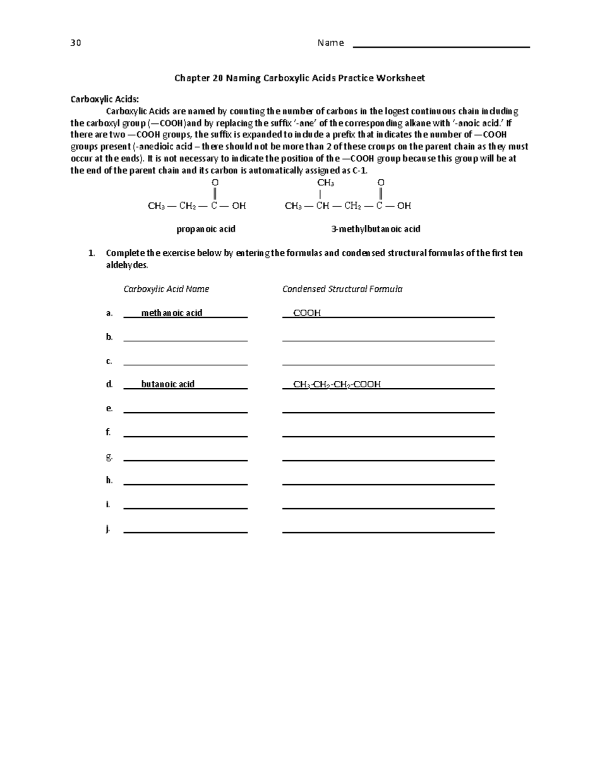 30 Name Carboxylic Acids Practice Worksheet - Studocu