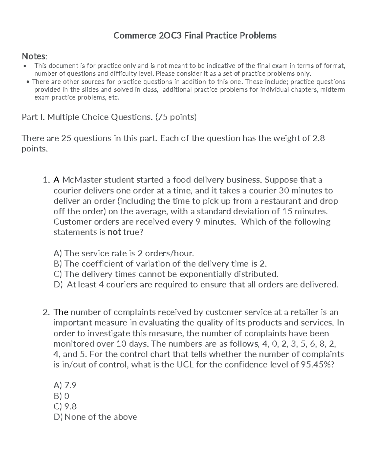 Commerce 2OC3 Final Exam Practice Problems and Solutions Guide - Studocu
