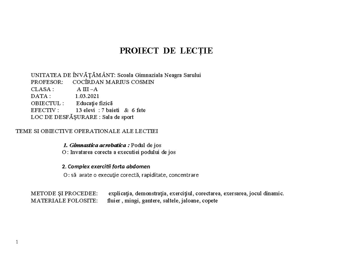 Plan de Lecție Educație Fizică - Clasa a III-a (1.03.2021) - Studocu