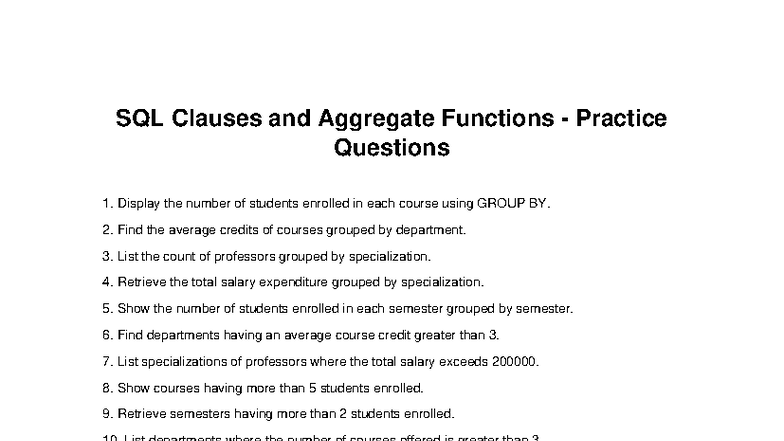 SQL Clauses & Aggregate Functions Practice Questions - Studocu