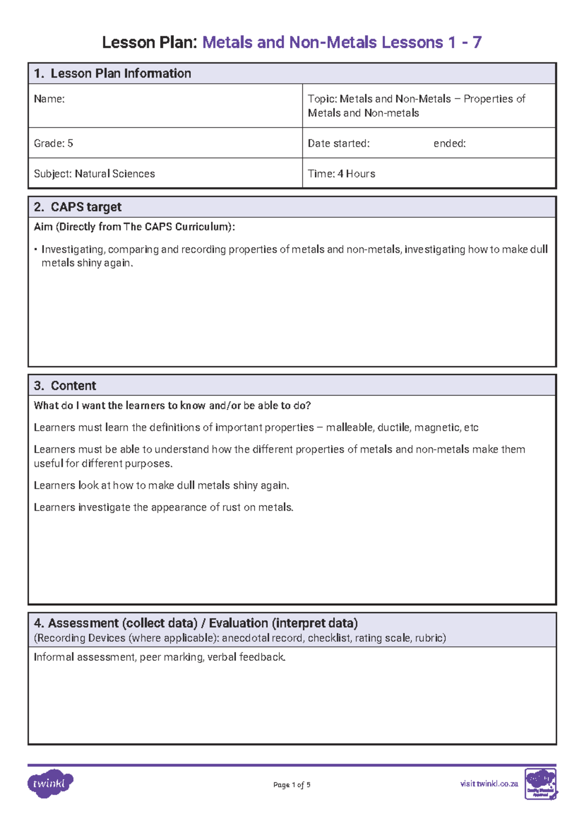 Grade 5 Natural Sciences Lesson Plan: Metals & Properties - Studocu