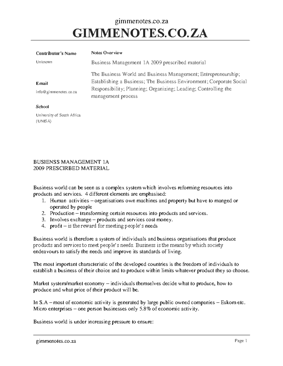 MNB1501-Business-Management-1A - GIMMENOTES.CO Notes Overview Business ...