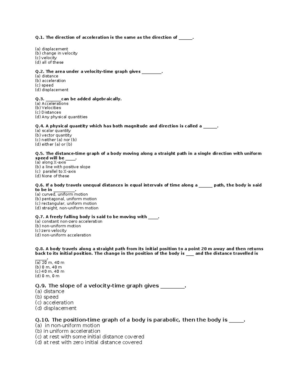 Motion Test - Physics 101: Acceleration, Velocity, and Graphs - Studocu