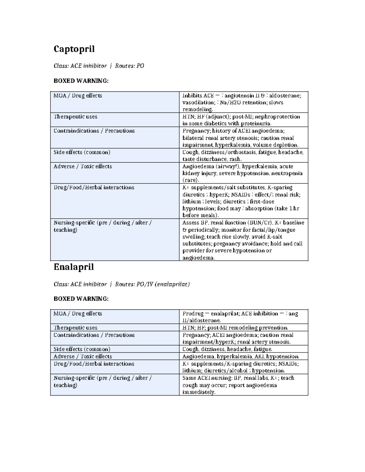NR293 Drug Cards: Key Information on Cardiovascular Medications (Ch22 ...
