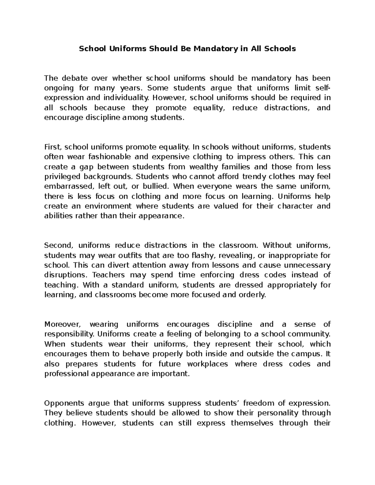 Mandatory School Uniforms: Promoting Equality and Discipline - Studocu