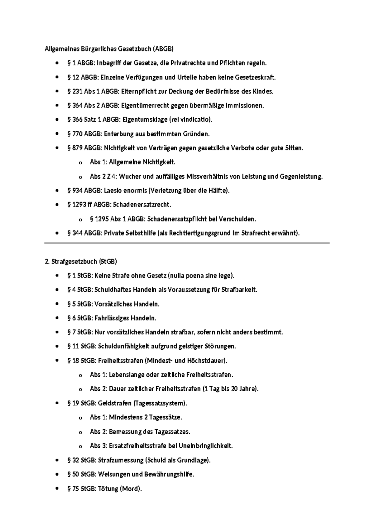 ABGB & StGB: Übersicht der wichtigsten Bestimmungen und Gesetze - Studocu