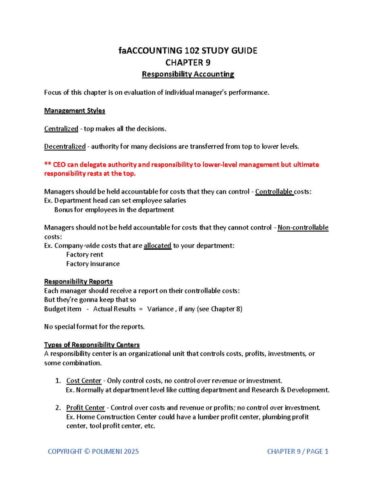 ACCOUNTING 102 STUDY GUIDE: CHAPTER 9 - Responsibility Accounting - Studocu