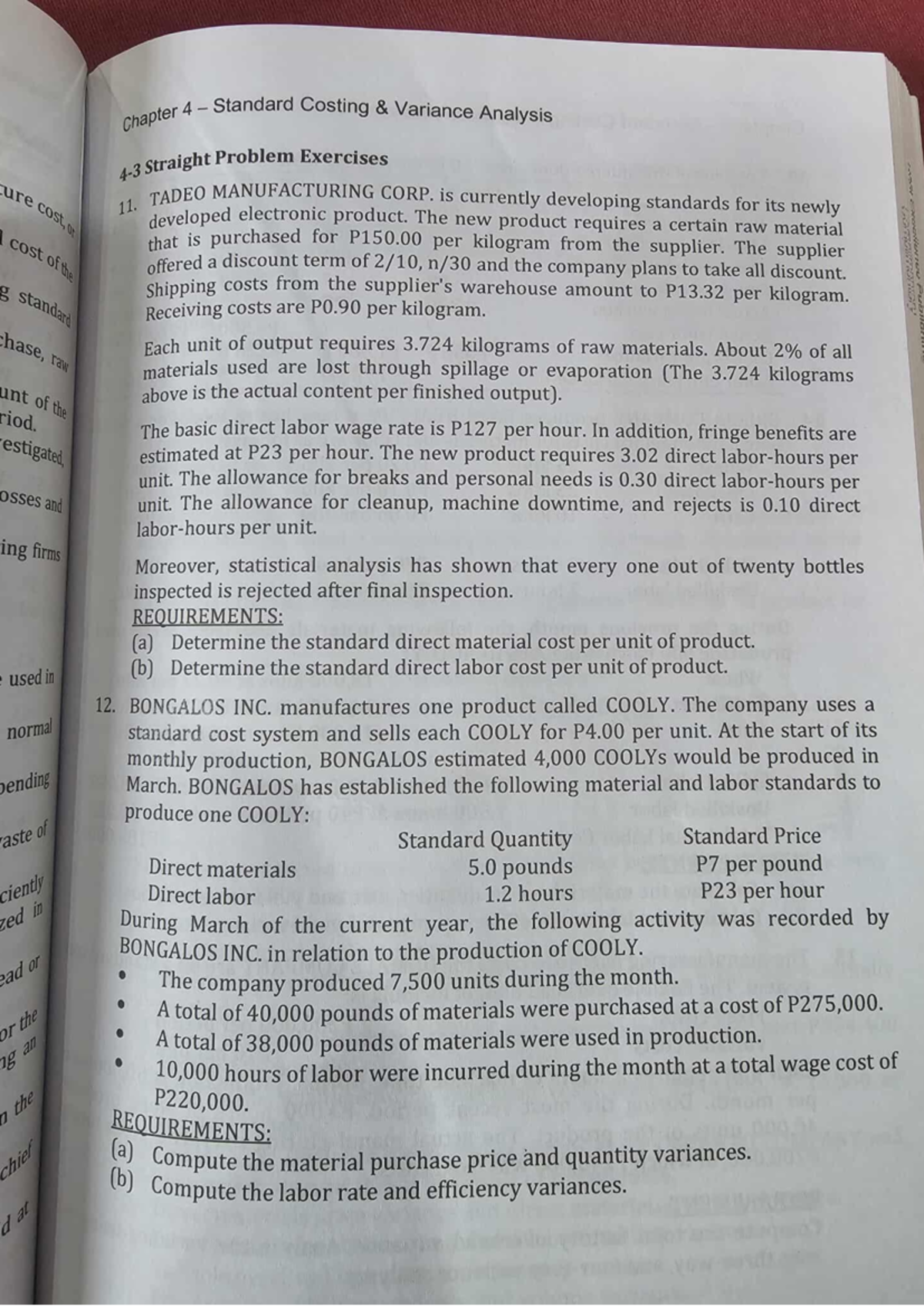 Chapter 4 Standard Costing Variance Analysis Exercises for TADEO MANUFACTURING - Studocu
