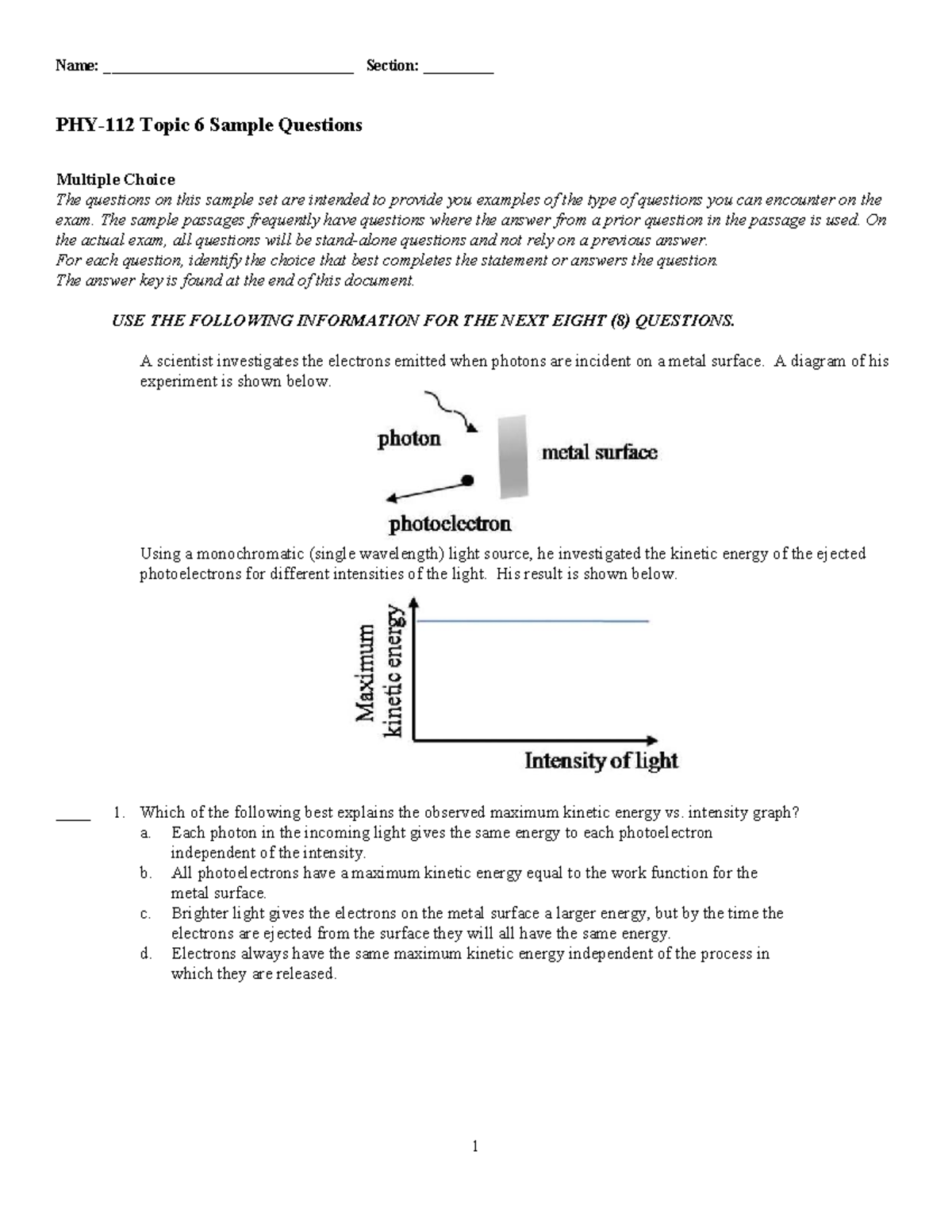 PHY-112 Topic 6 Sample Exam Questions and Answer Key - Studocu
