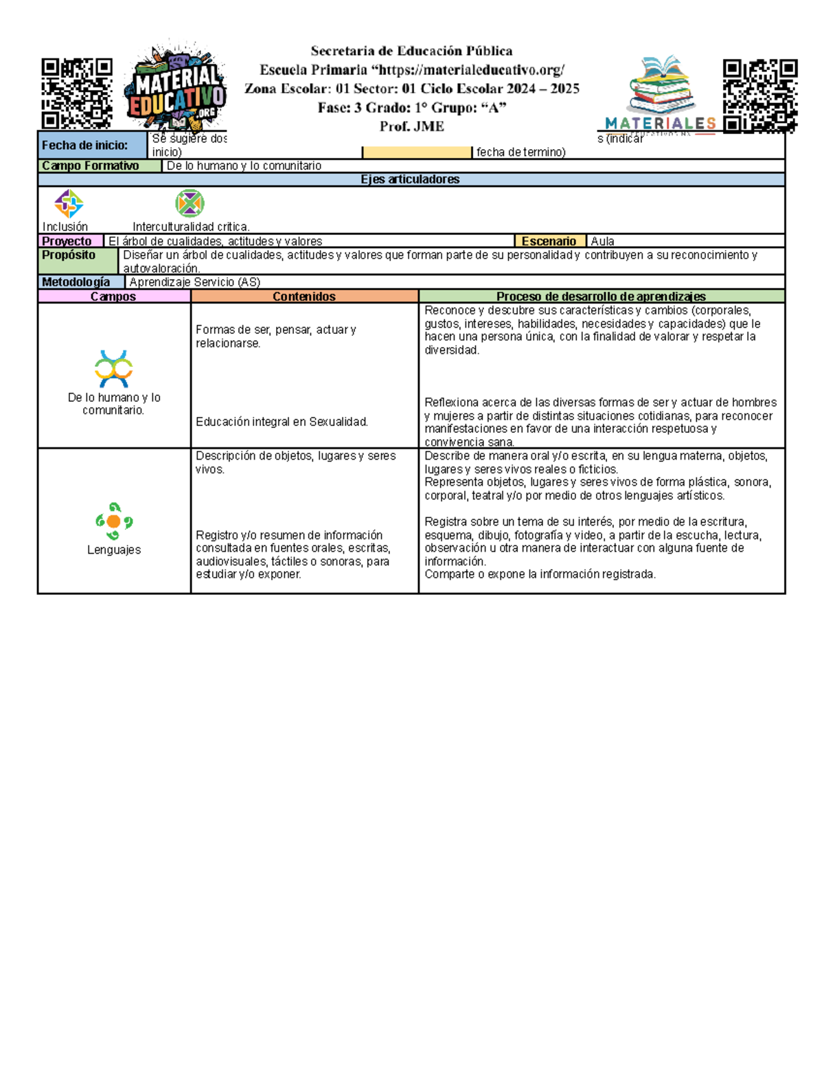 Proyecto 1er Grado El árbol De Cualidades Actitudes Y Valores Studocu