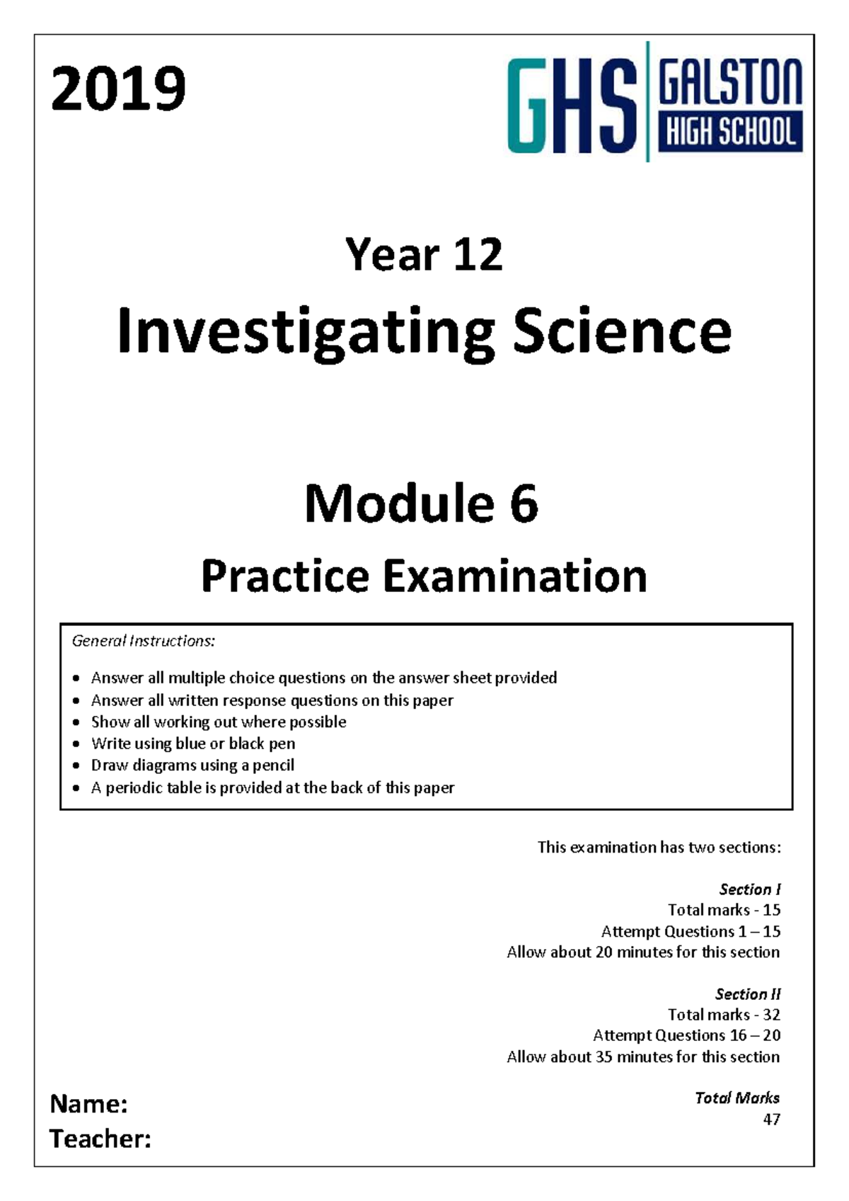 Year 12 Investigating Science Module 6 Practice Exam 2019 - Studocu