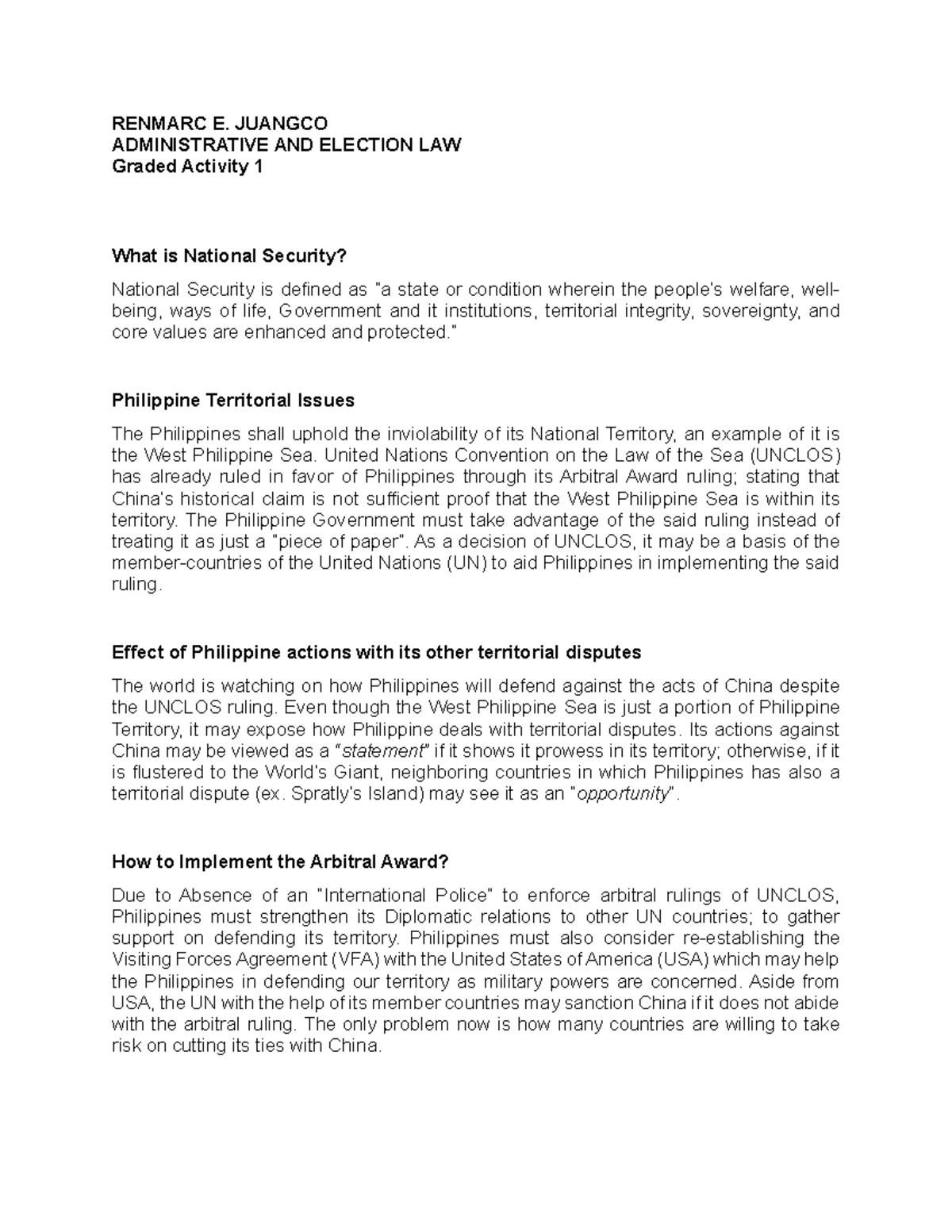 1 - asdsad - RENMARC E. JUANGCO ADMINISTRATIVE AND ELECTION LAW Graded ...