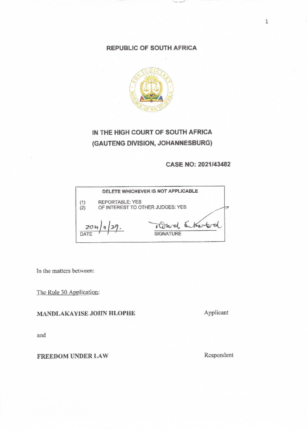 Hlophe v Freedom Under Law: Joinder Applications and Rule 30 Analysis ...
