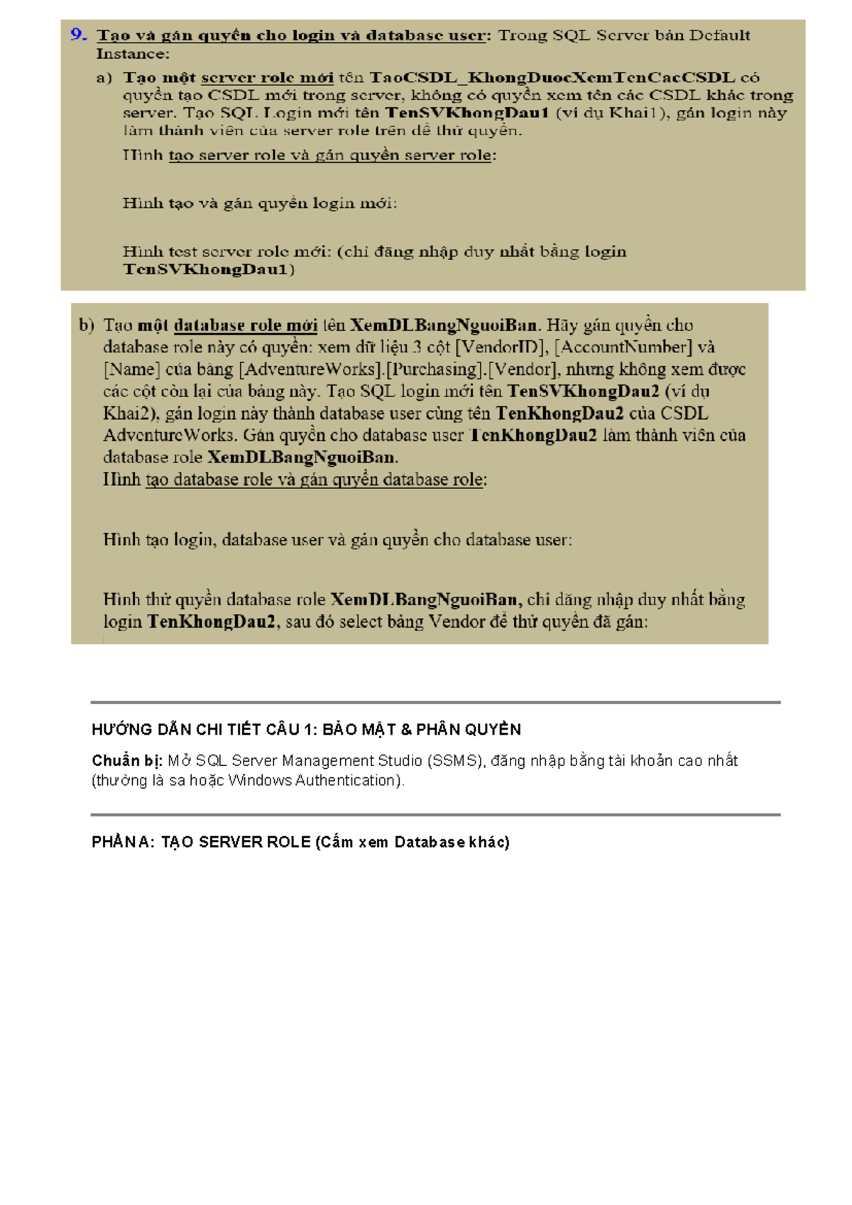 HƯỚNG DẪN CHI TIẾT TẠO SERVER ROLE TRONG SQL SERVER (QTHCSDL 2) - Studocu
