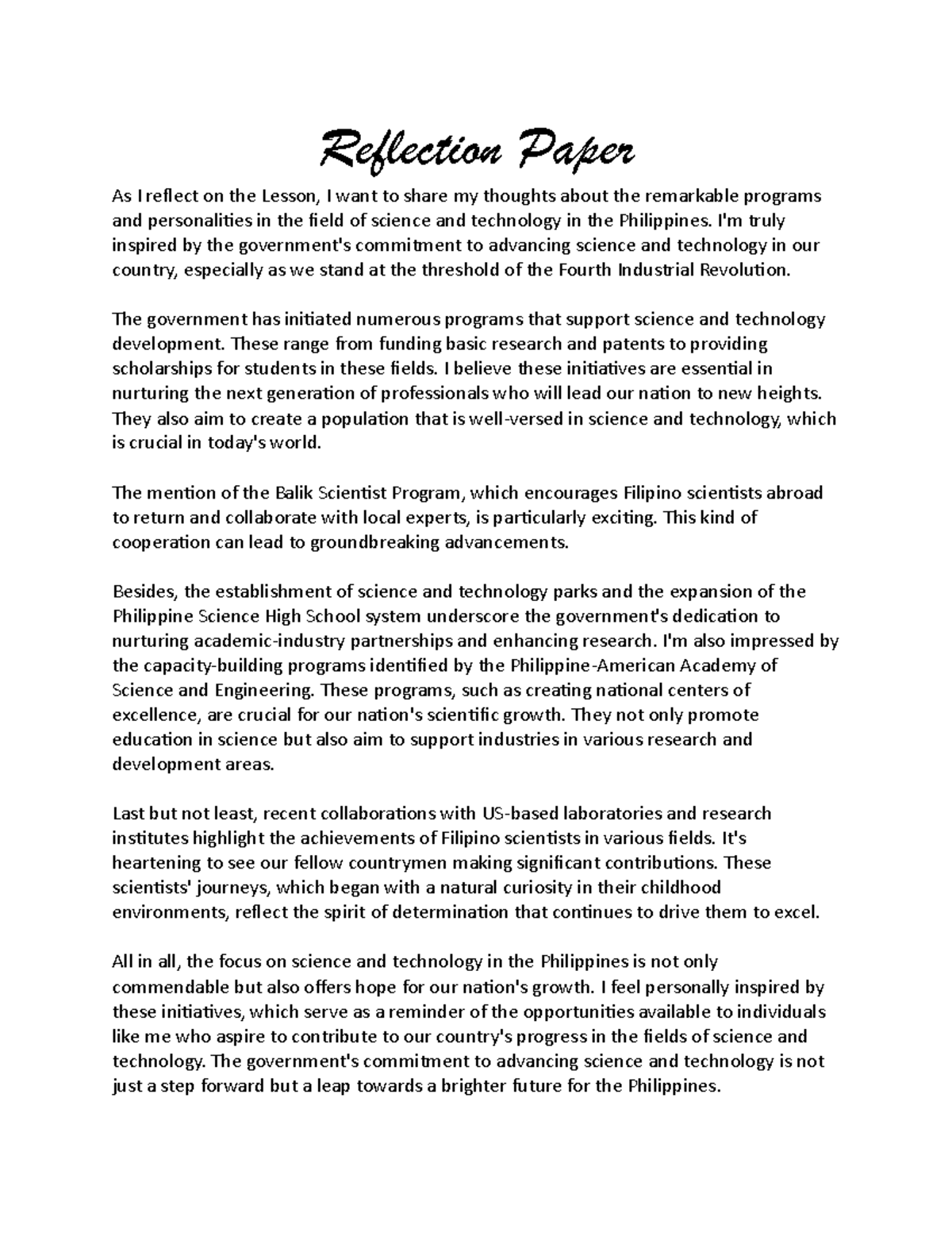 Science Reflection Paper: Government Initiatives in Phil. Tech - Studocu