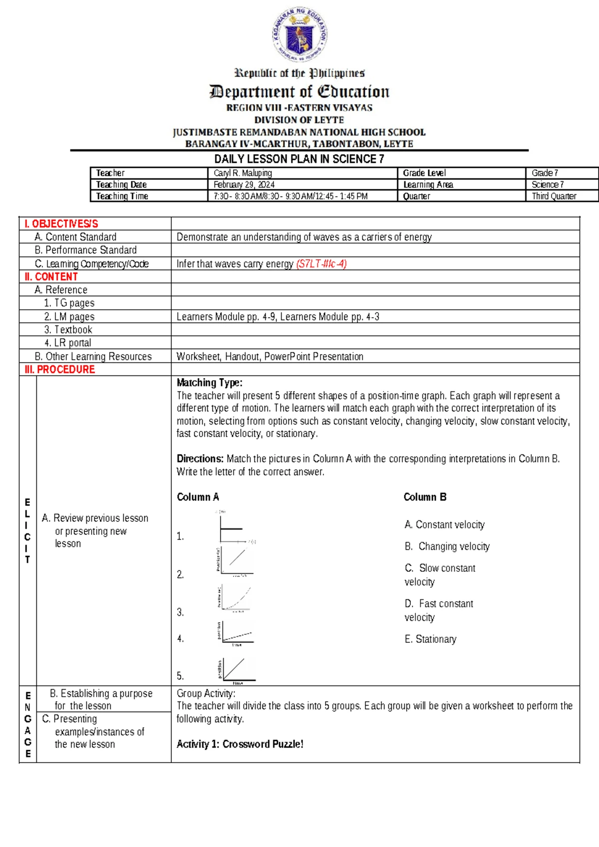 Detailed Lesson Plan in Science 7 (LP-FOR-Waves) - Understanding Waves ...