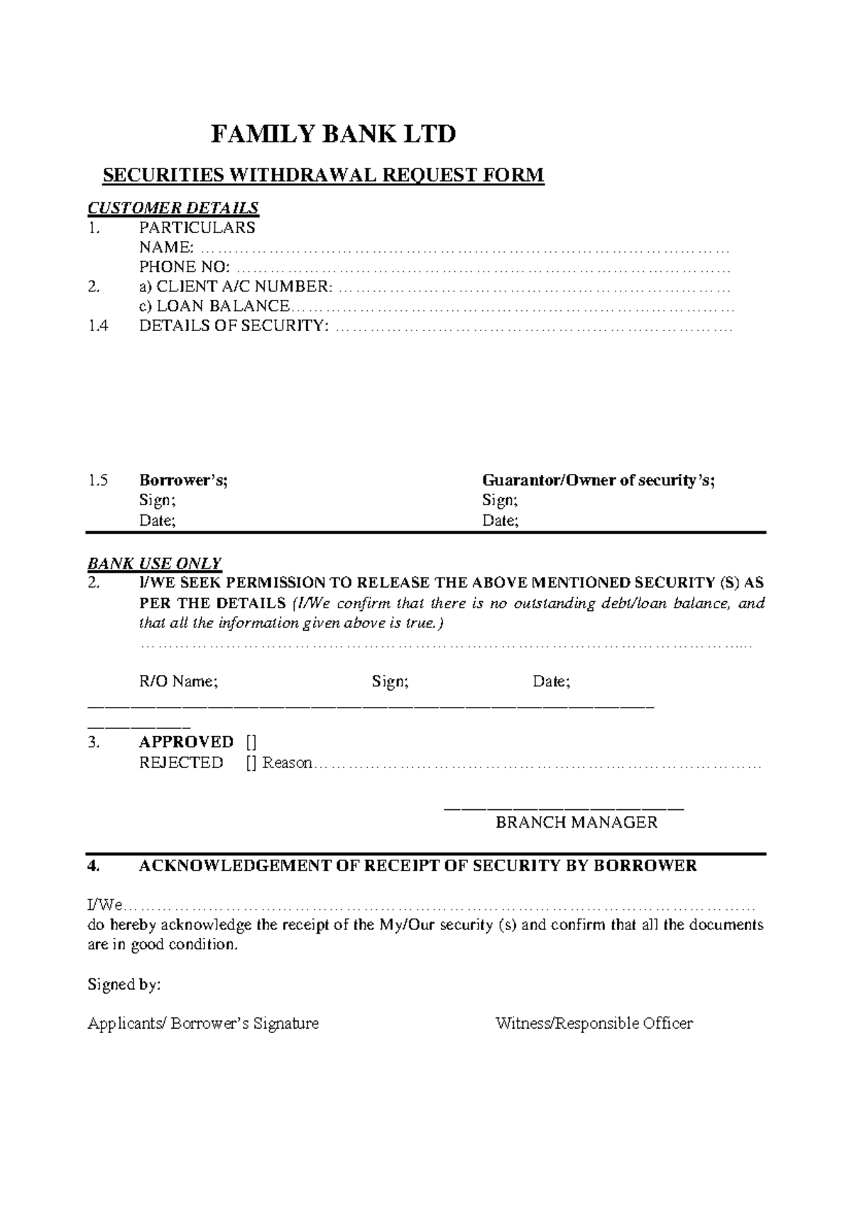 Security Withdrawal Request FORM - FAMILY BANK LTD SECURITIES ...