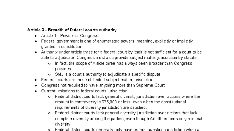 Article 3 Notes: Federal Courts & Powers of Government - Studocu