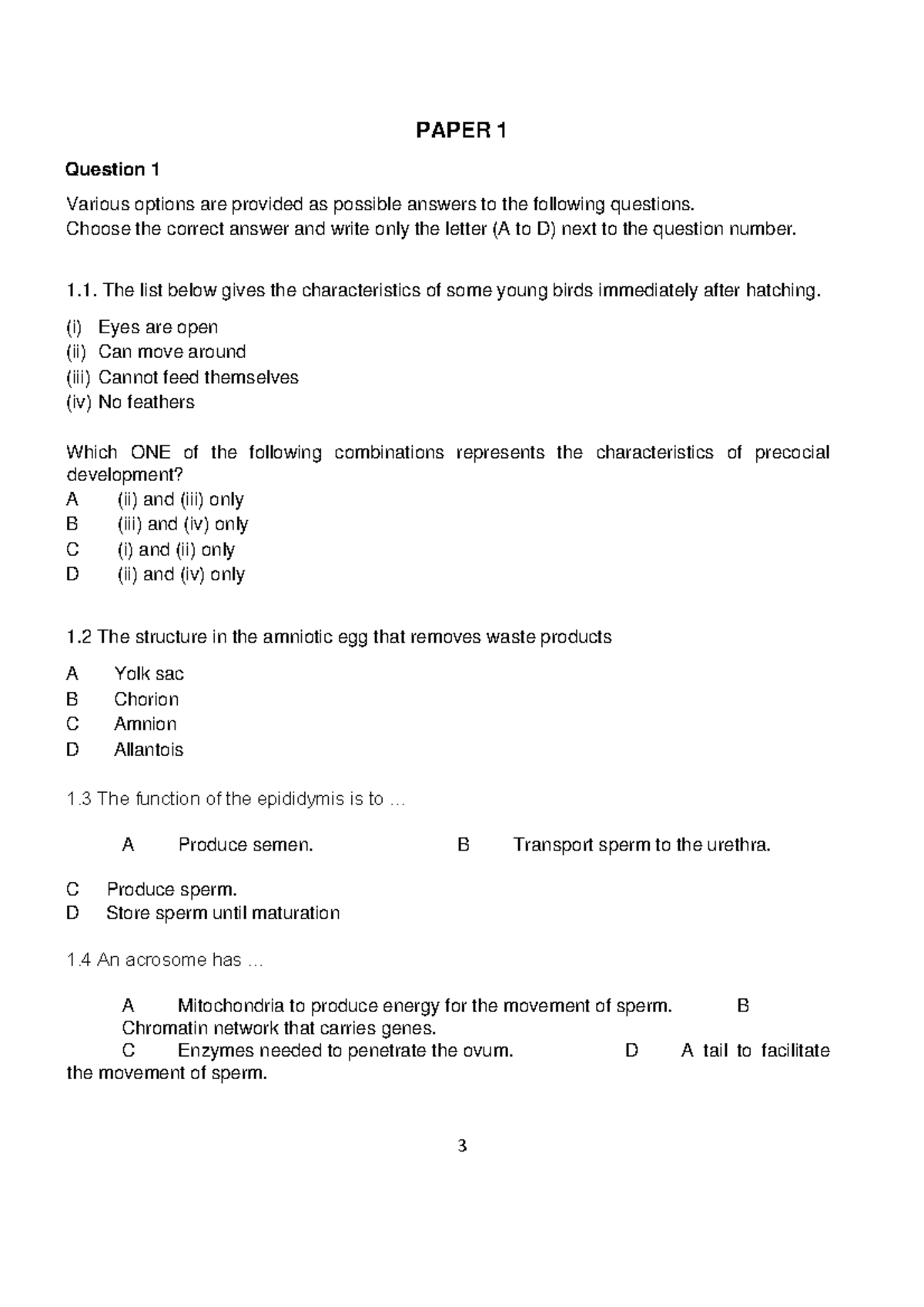 Human Reproduction Section A Revision - PAPER 1 Question 1 Various options are provided as ...