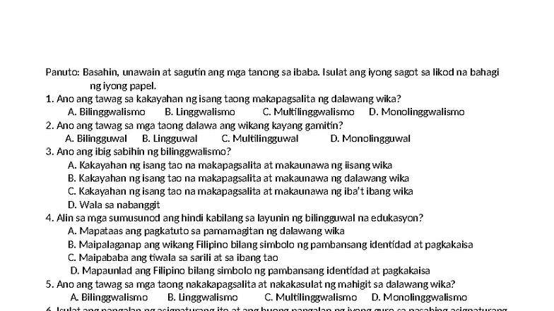 Bilinggwalismo: Mga Tanong at Sagot para sa Pag-aaral - Studocu