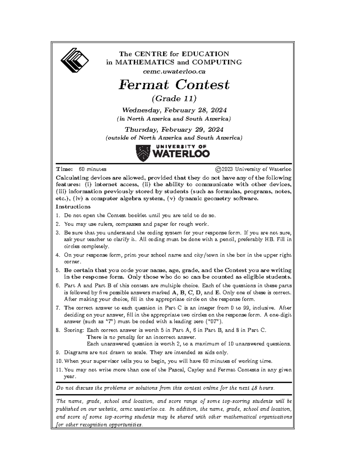 2024 Fermat Contest Guidelines and Problem Set for Grade 11 - Studocu