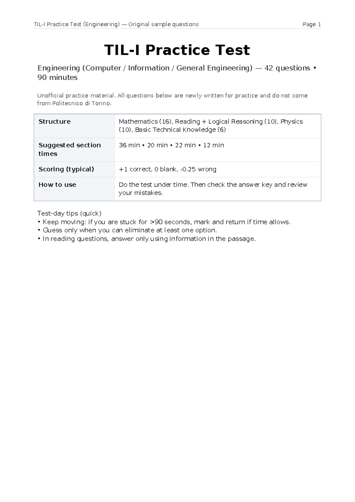 TIL-I Practice Test: Engineering Sample Questions & Answer Key - Studocu