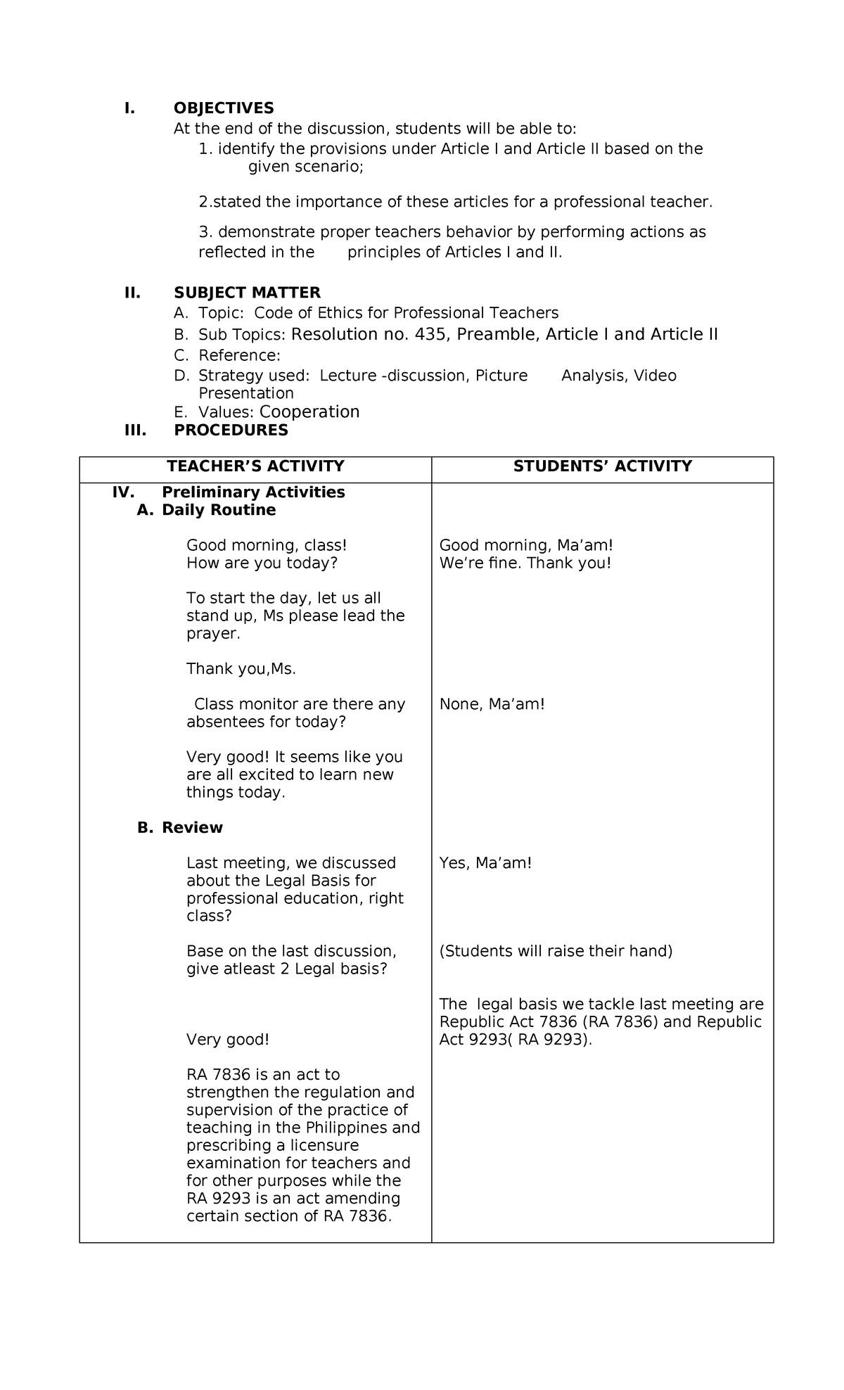 4A'S Lesson Plan: Code of Ethics for Professional Teachers - Studocu
