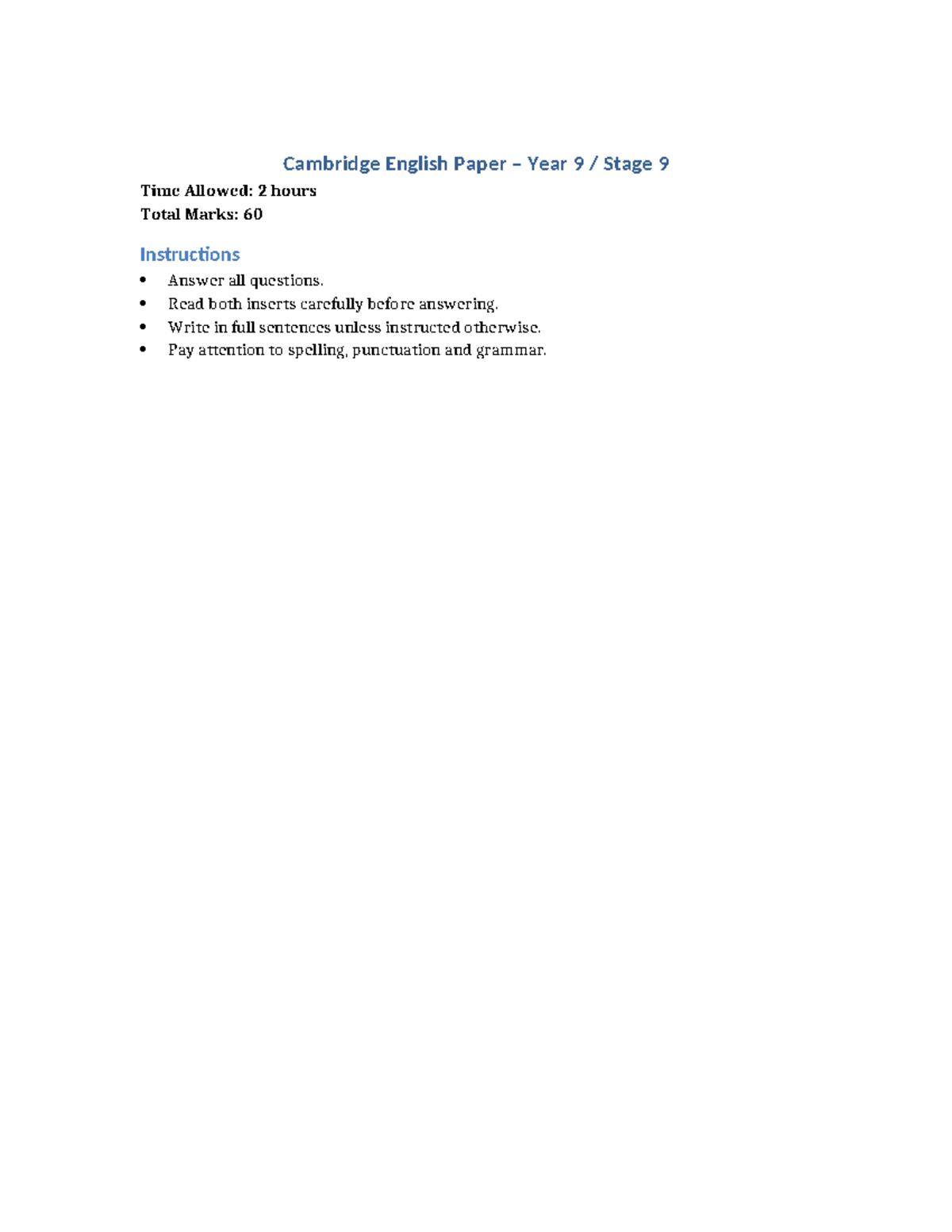 Year 9 Cambridge English Paper: Fiction & Argumentative Writing - Studocu