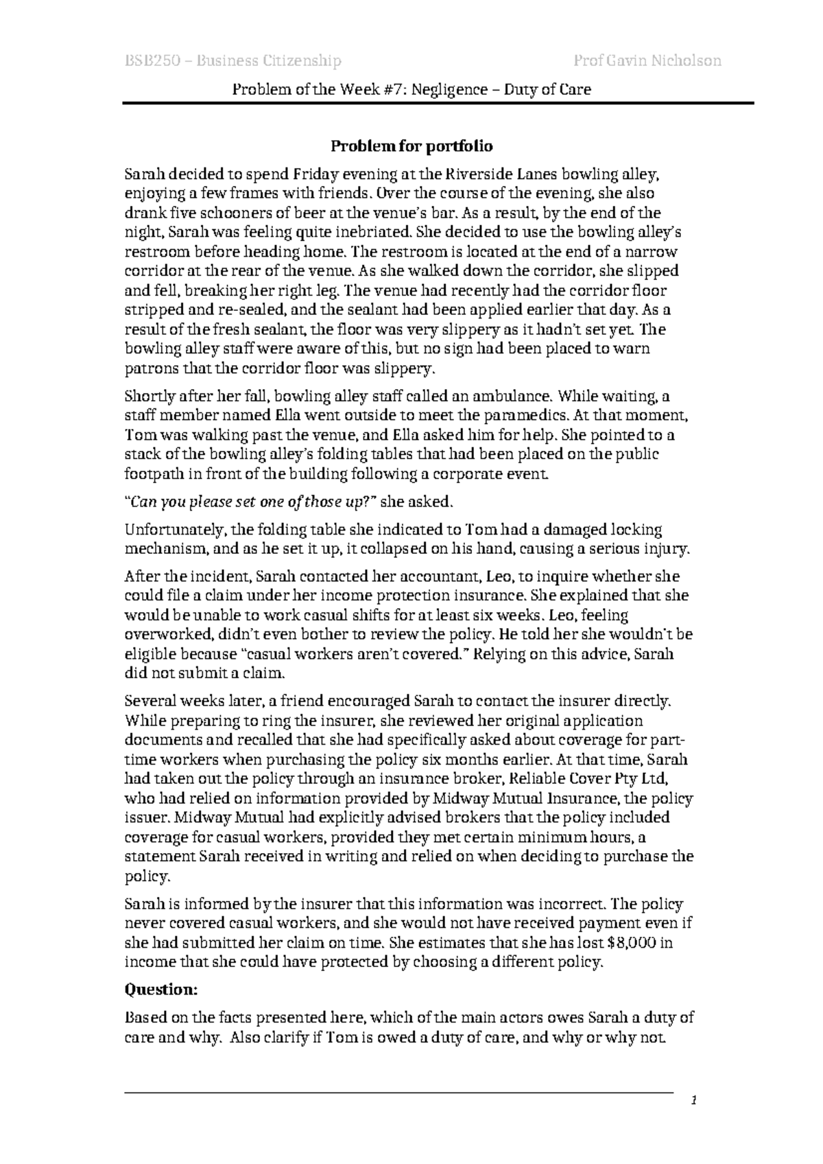 BSB250 Ethics Scenario: Duty of Care Analysis in Negligence Case - Studocu