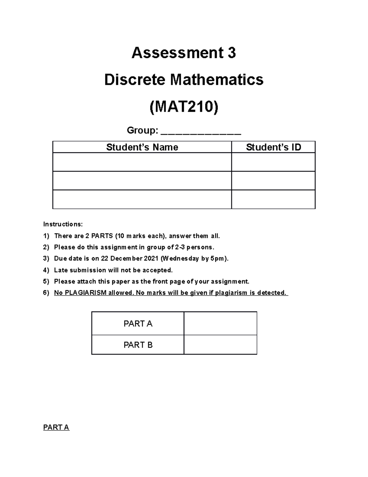 Group Assessment 3: Discrete Mathematics MAT210 Instructions & Guidelines - Studocu