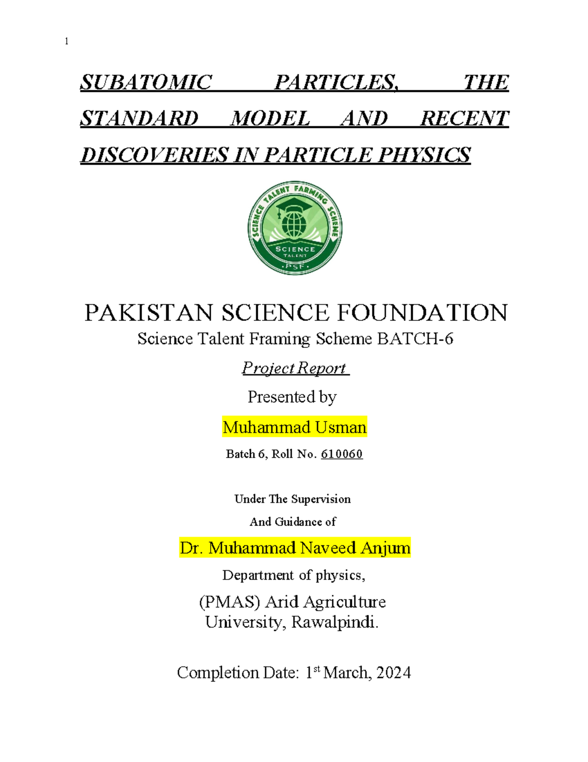 Project Report: Subatomic Particles & The Standard Model (Batch 6 ...
