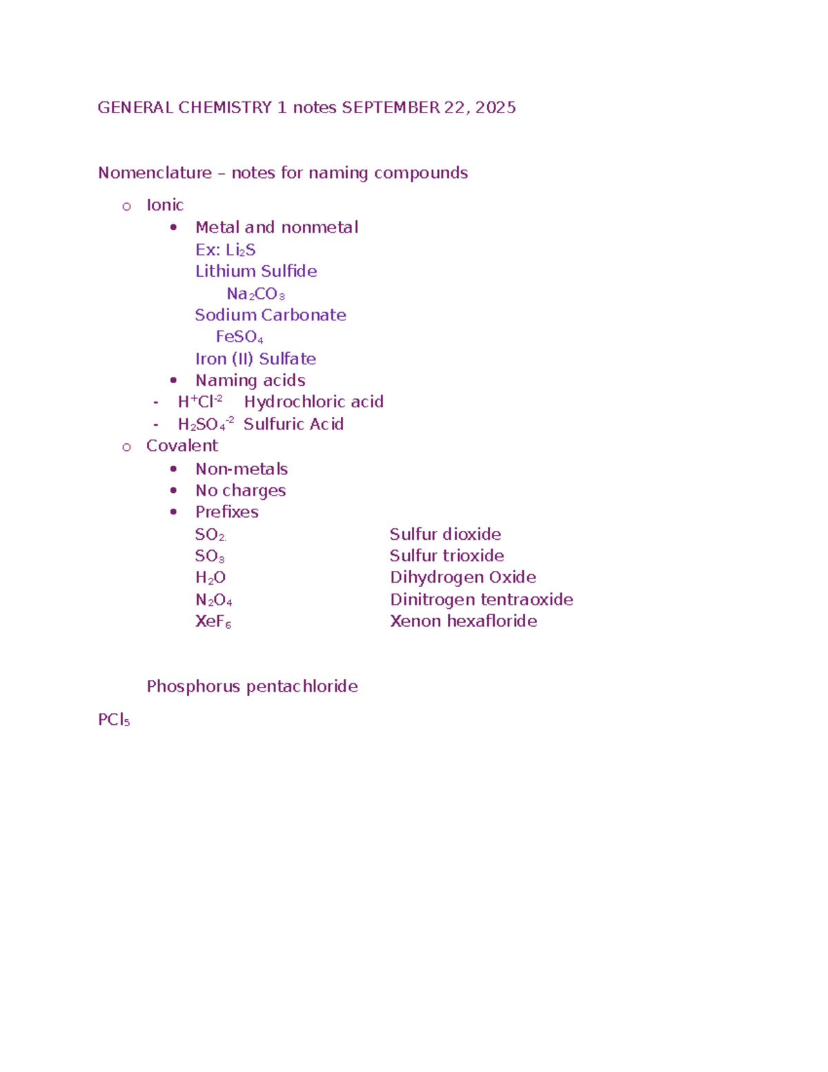 General Chemistry 1 Notes: Nomenclature and Compound Naming (Sept 2025 ...