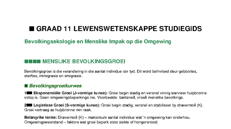 GRAAD 11 LEWENSWETENSKAPPE STUDIEGIDS: Bevolkingsekologie en Menslike ...