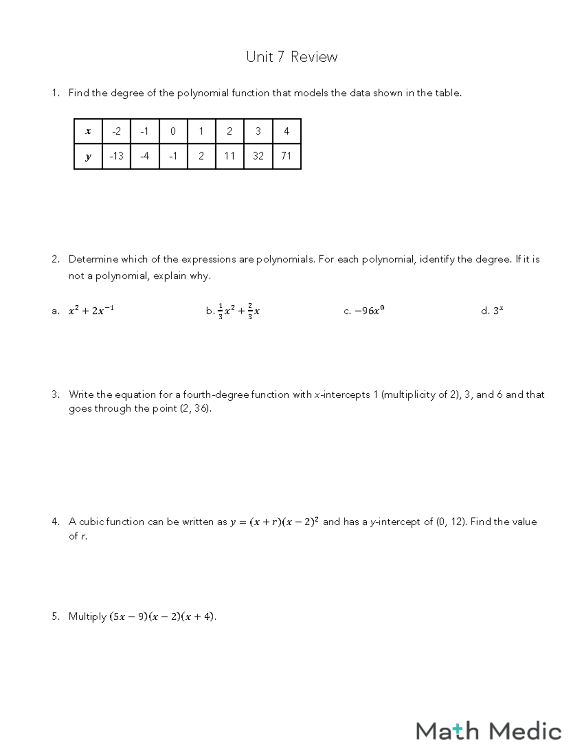 Unit 7 Review: Polynomial Functions & Their Degrees - Algebra 2 - Studocu