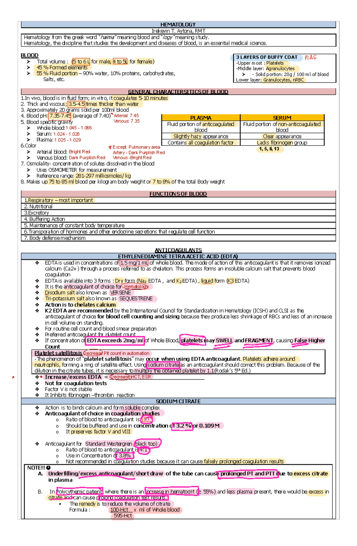 HEMA 1 - Hematology Study Notes and Concepts - Studocu