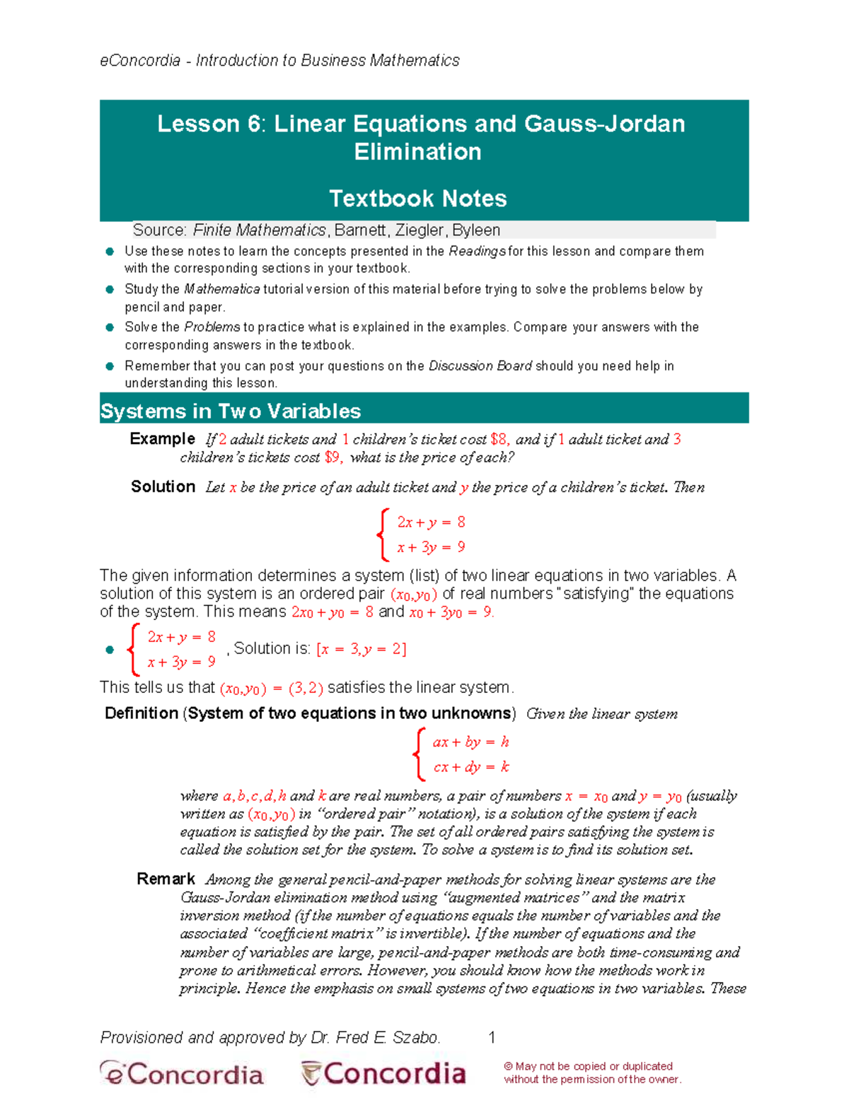 eConcordia Introduction to Business Mathematics L6: Linear Equations ...
