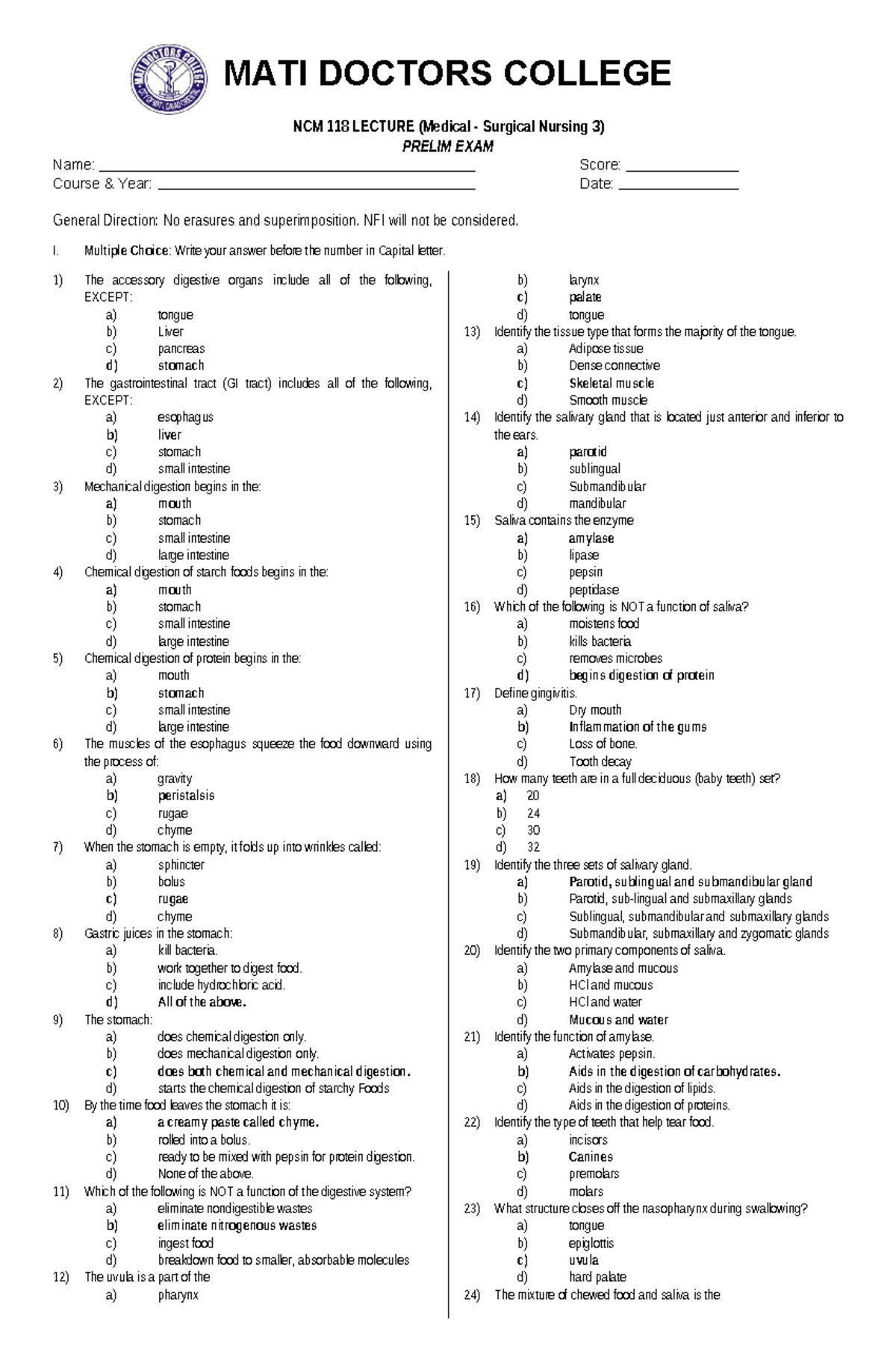 Prelim Exam Review for NCM 118 Lecture on Medical-Surgical Nursing 3 ...