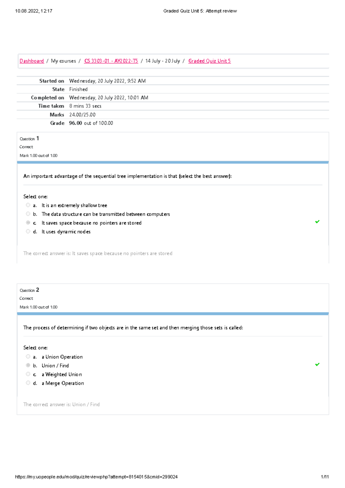 CS 3303-01 Graded Quiz Results for Unit 5 (96/100) - Studocu