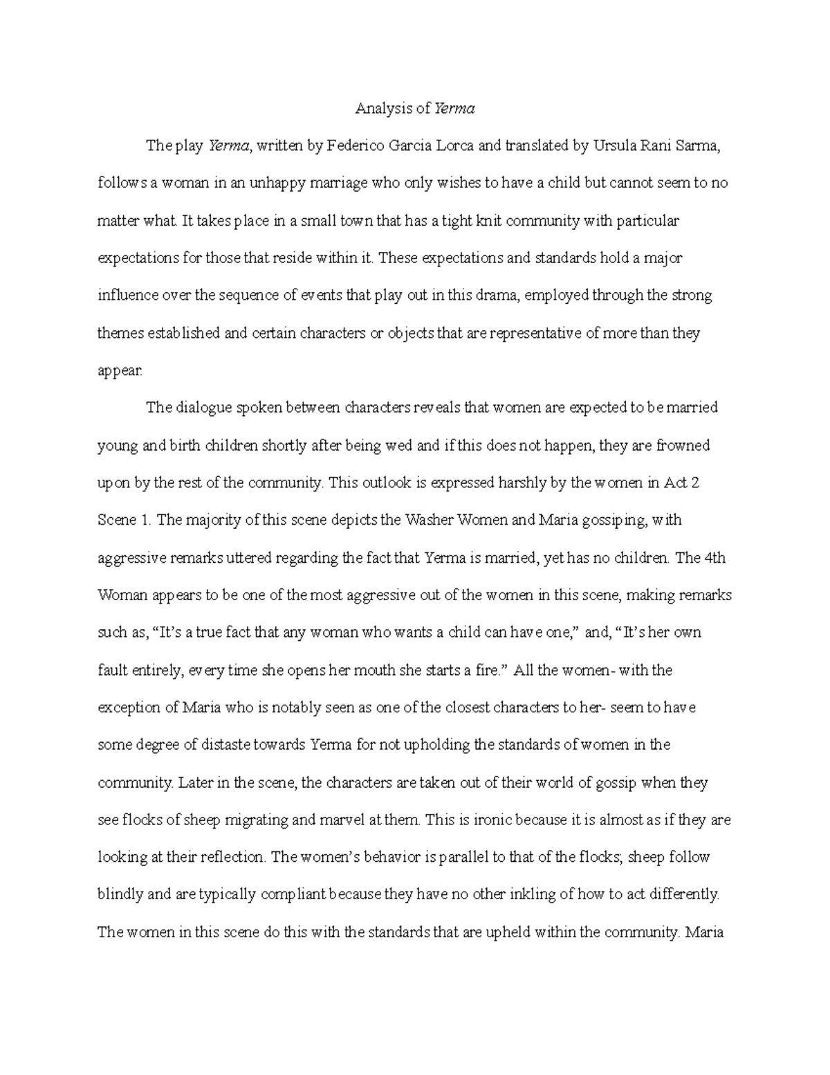 ENG 201 Essay #2 Analysis: Themes & Symbolism in Yerma - Studocu