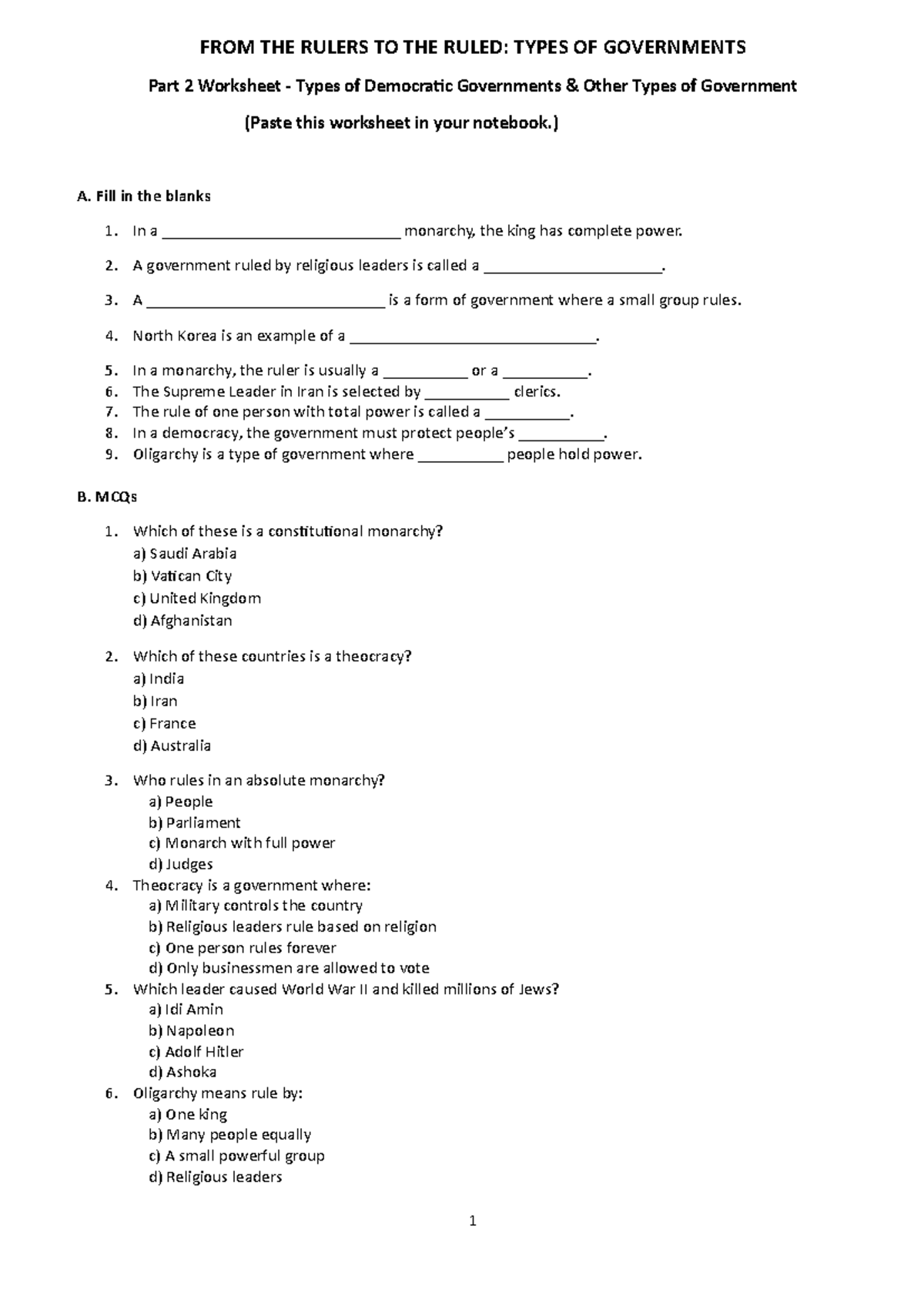 3649 Types of Governments Worksheet: Democracy & Beyond - Studocu