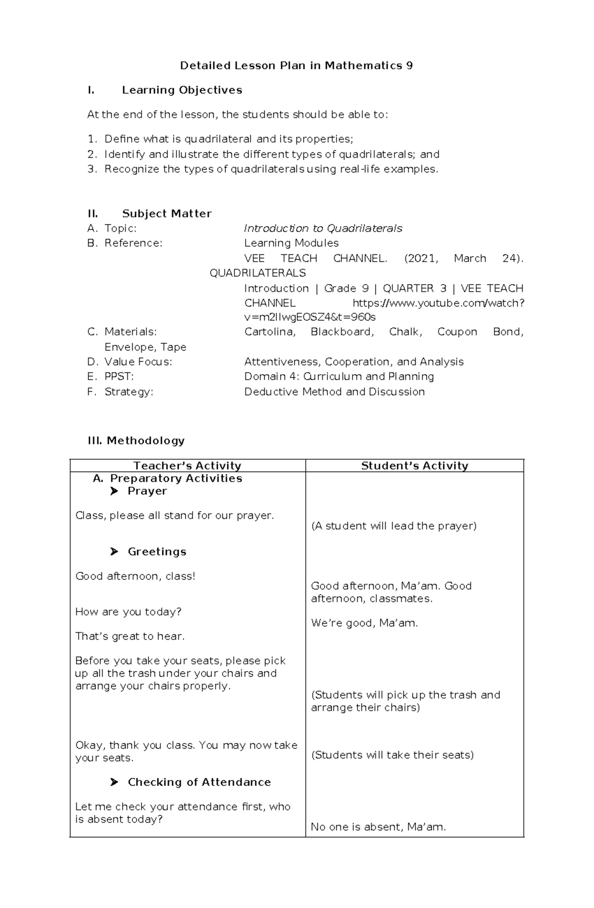 Quadrilaterals - Detailed Lesson Plan in Mathematics 9 I. Learning ...