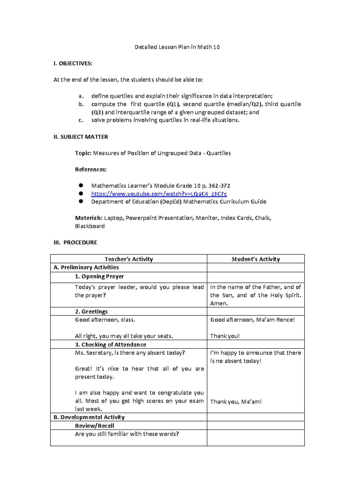Detailed Lesson Plan in Math 10: Understanding Quartiles - Studocu