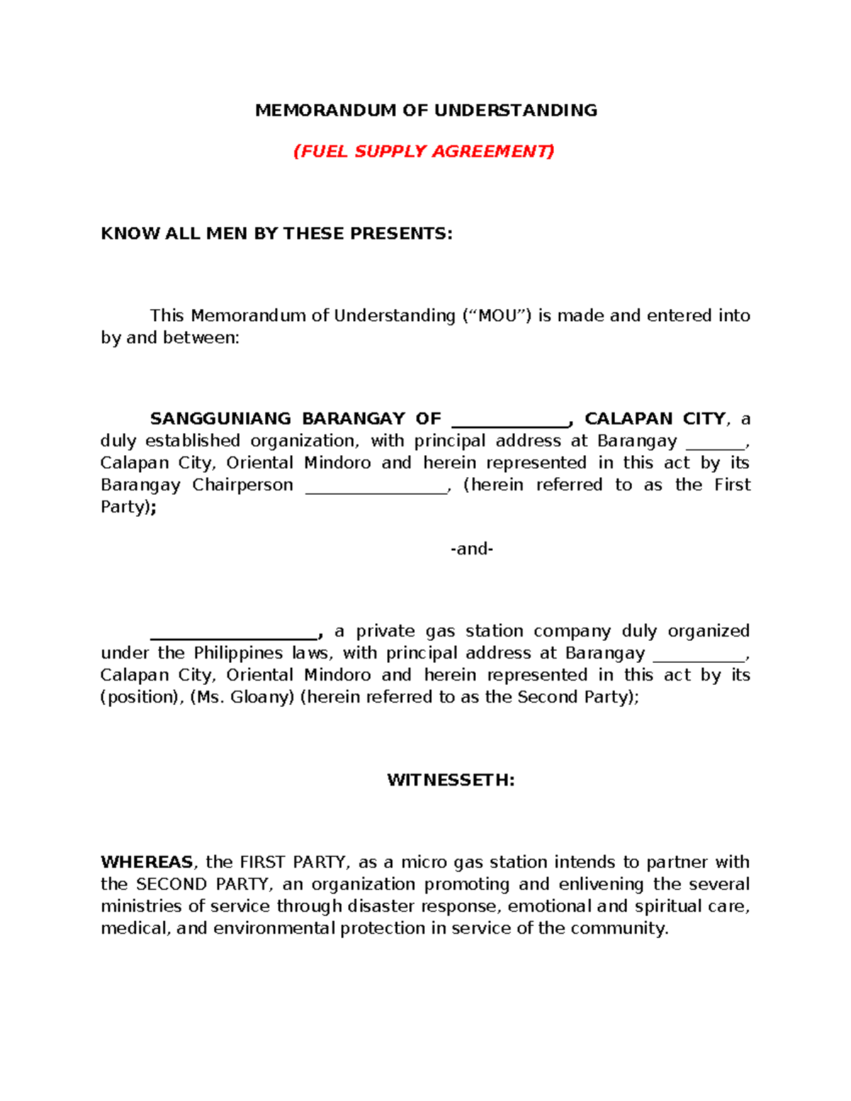 MOU for Fuel Supply Agreement with Community Development Programs - Studocu
